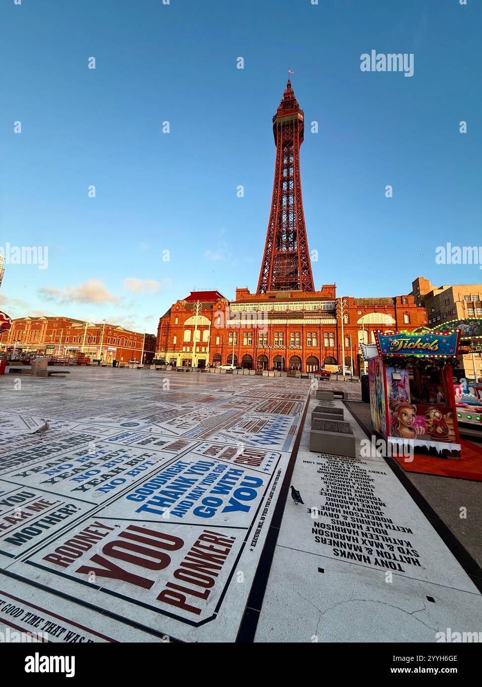 Blackpool, Tower and the Comedy Carpet mosaic on Blackpool promenade ...