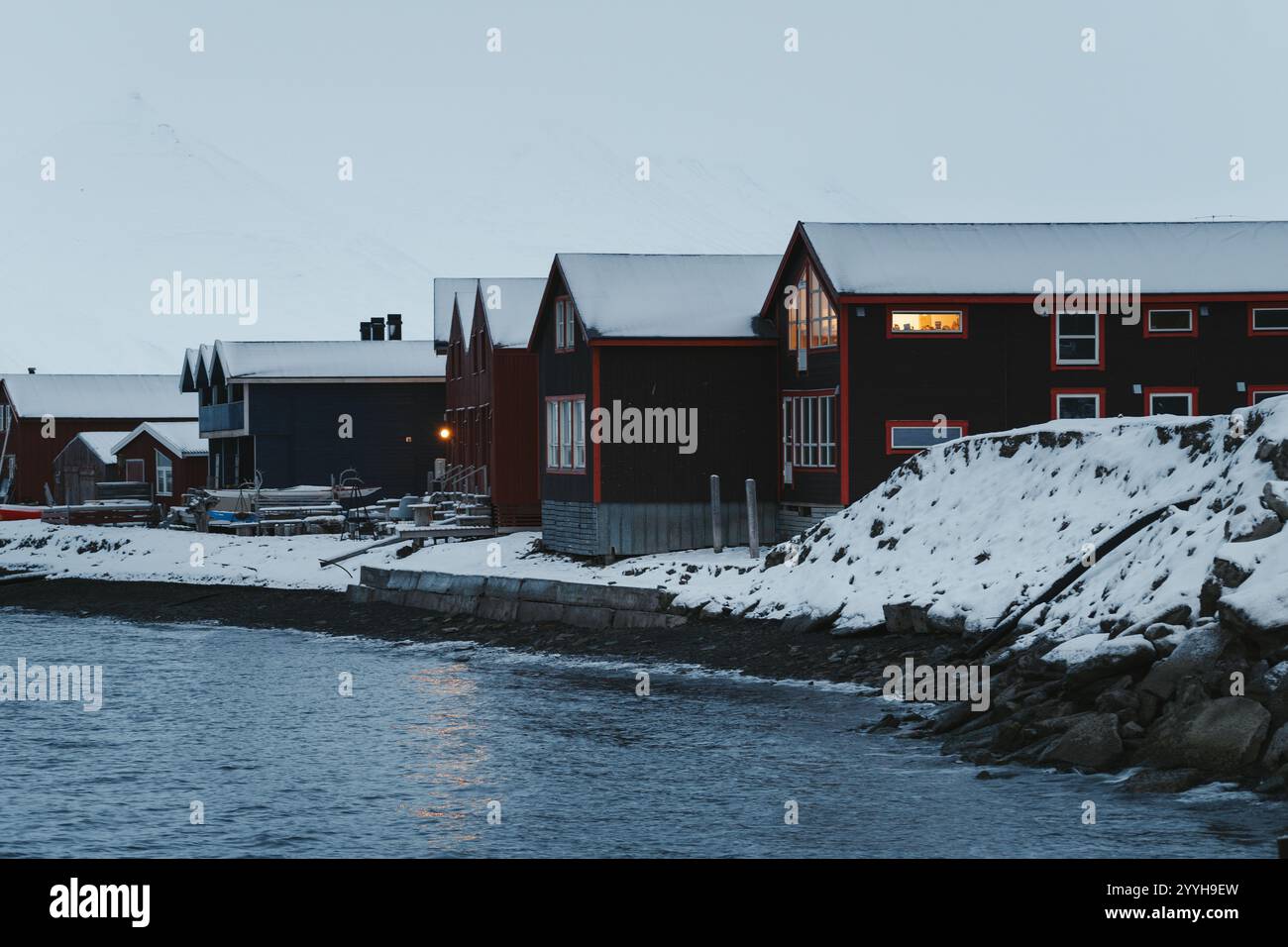 Buildings on the coast of the arctic ocean in Longyearbyen, Svalbard ...