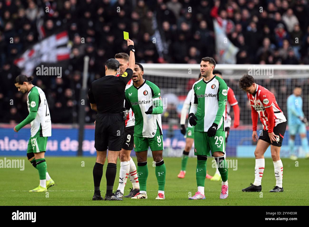 EINDHOVEN - (l-r) Quinten Timber of Feyenoord (8) receives the yellow card during the Dutch ...