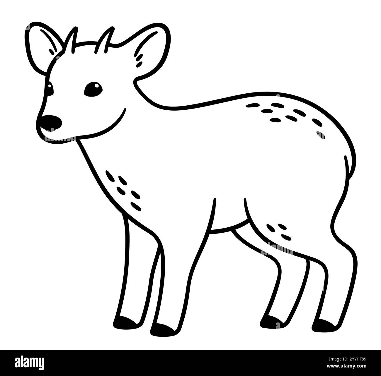 Pudu, small South American deer. Black and white line art drawing. Cute ...