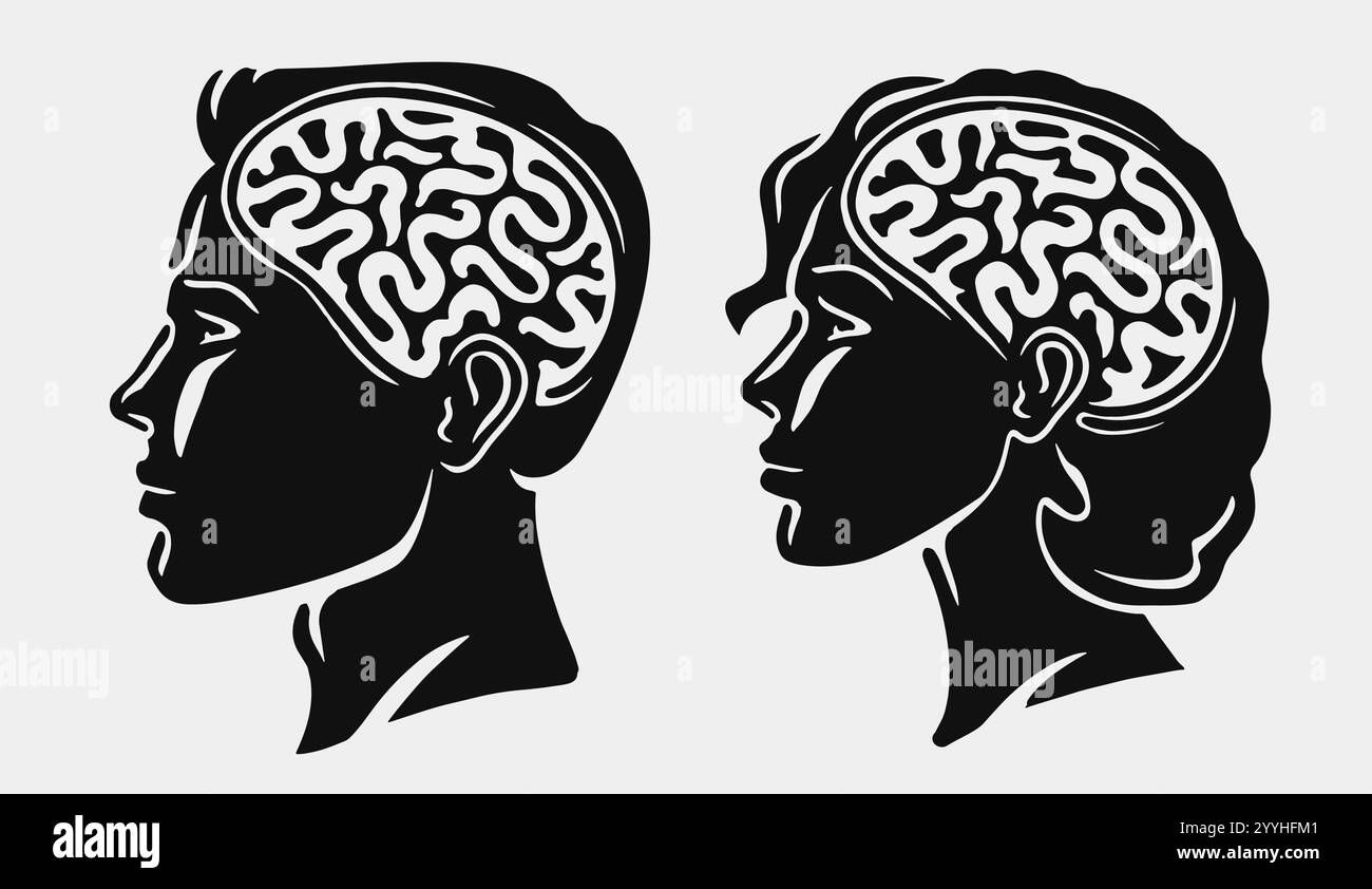 Brain in head. Portrait of man and woman with ideas or thoughts ...
