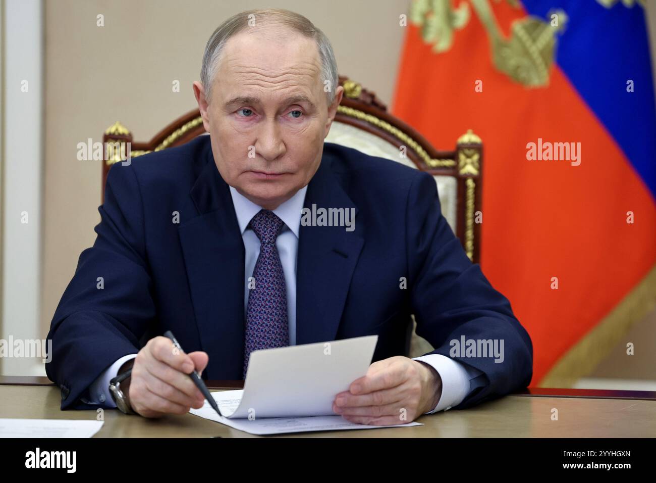Russian President Vladimir Putin speaks as he attends a ceremony to ...