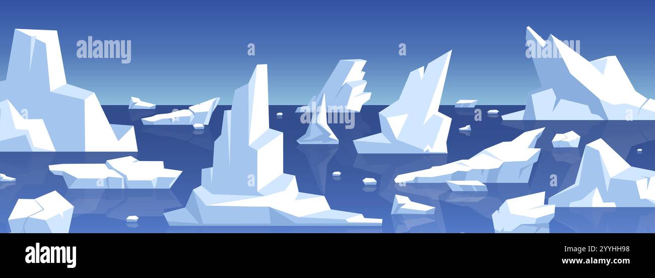 North sea panorama. Arctic glacier landscape, floating icebergs, cold ...