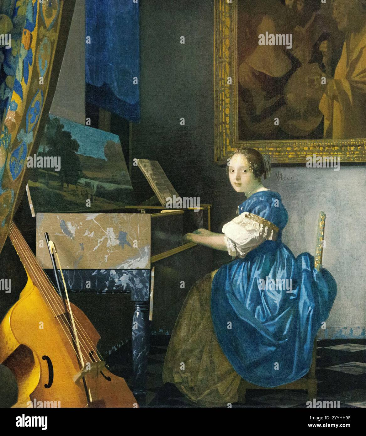 Johannes Vermeer painting; "A Young woman seated at a Virginal" 1670-72 ...