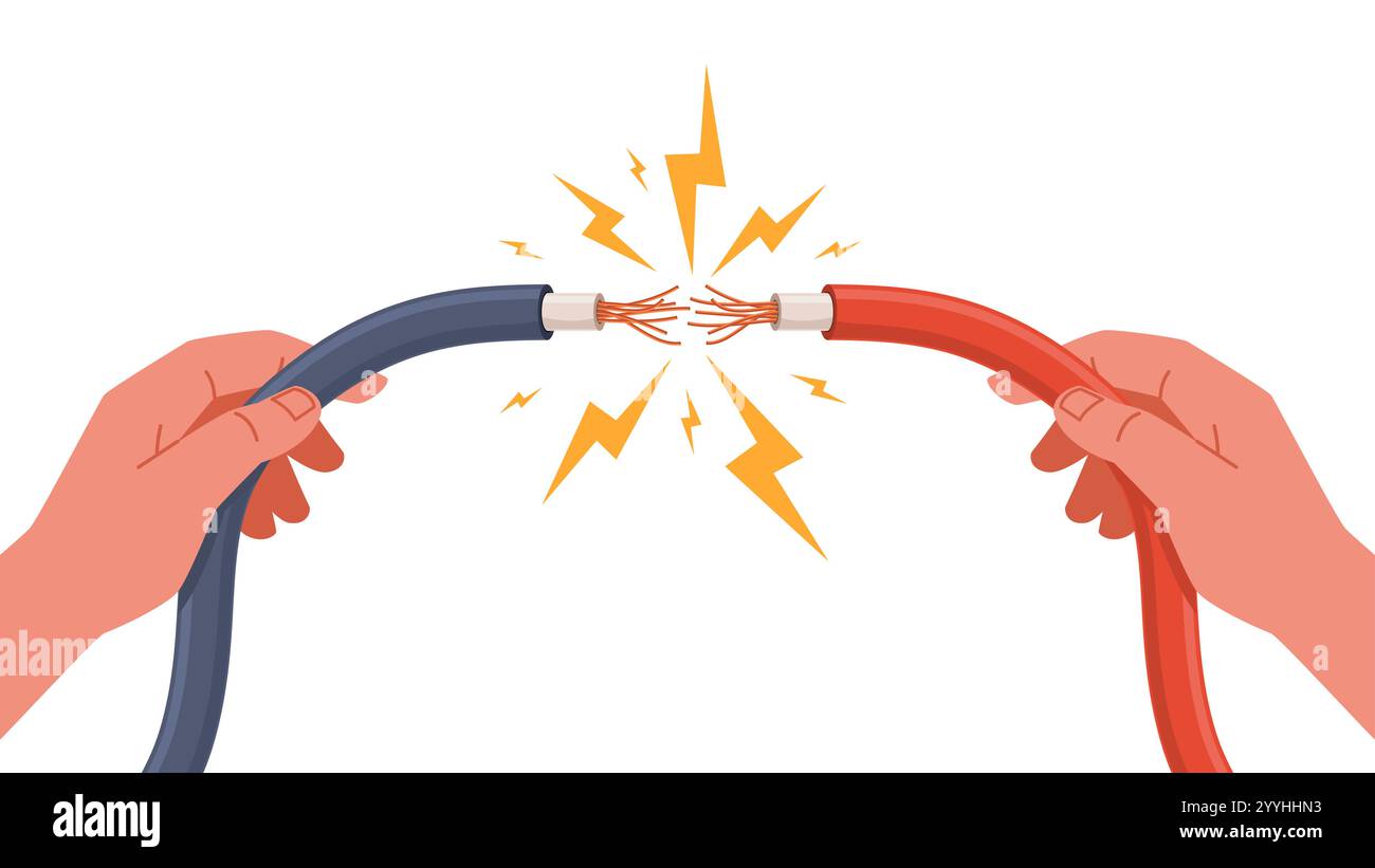 Human hands tearing electric wire. Cable damage, cartoon current sparks ...