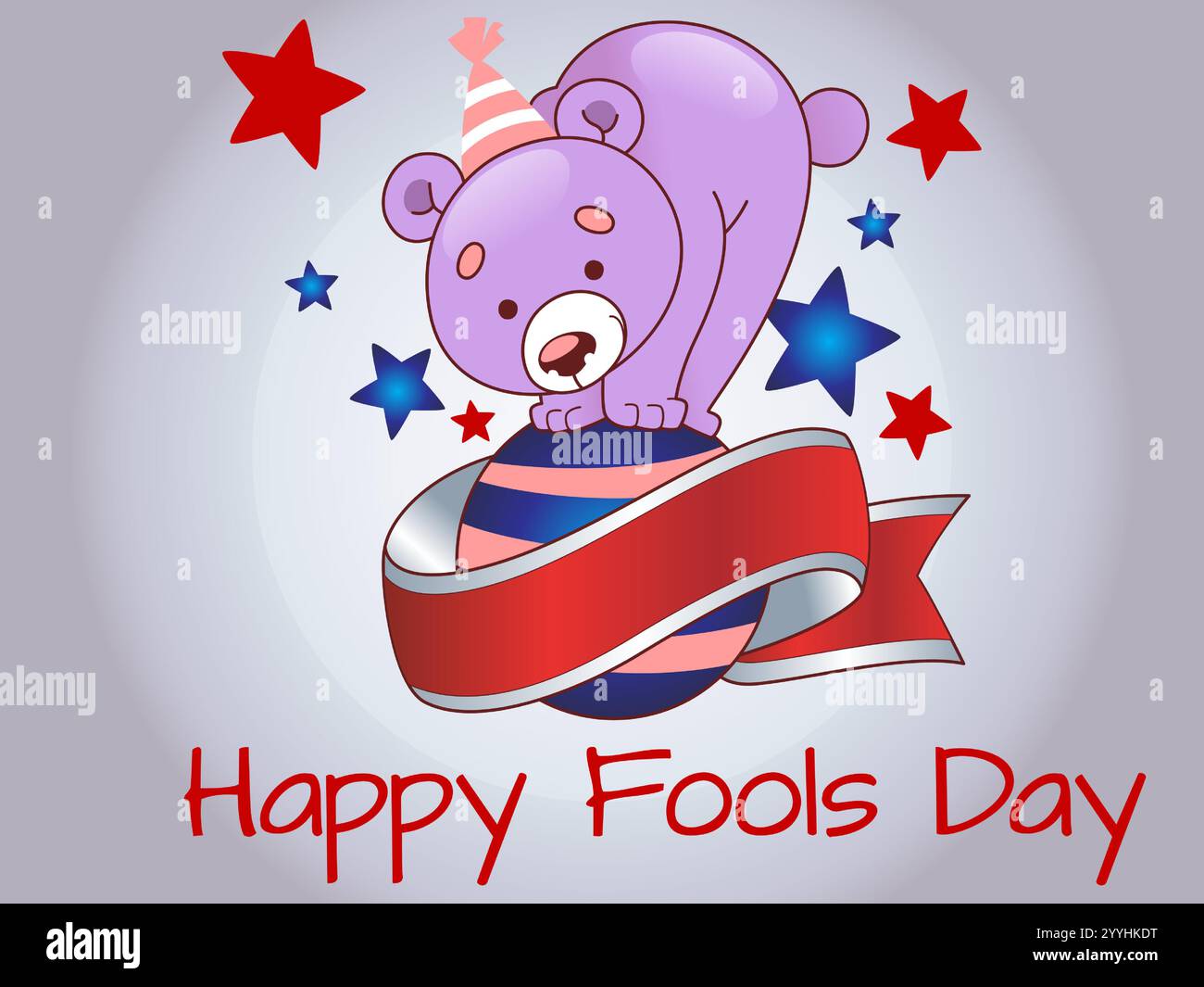 Cartoon bear is on top of a red, white, and blue ribbon. The bear is ...