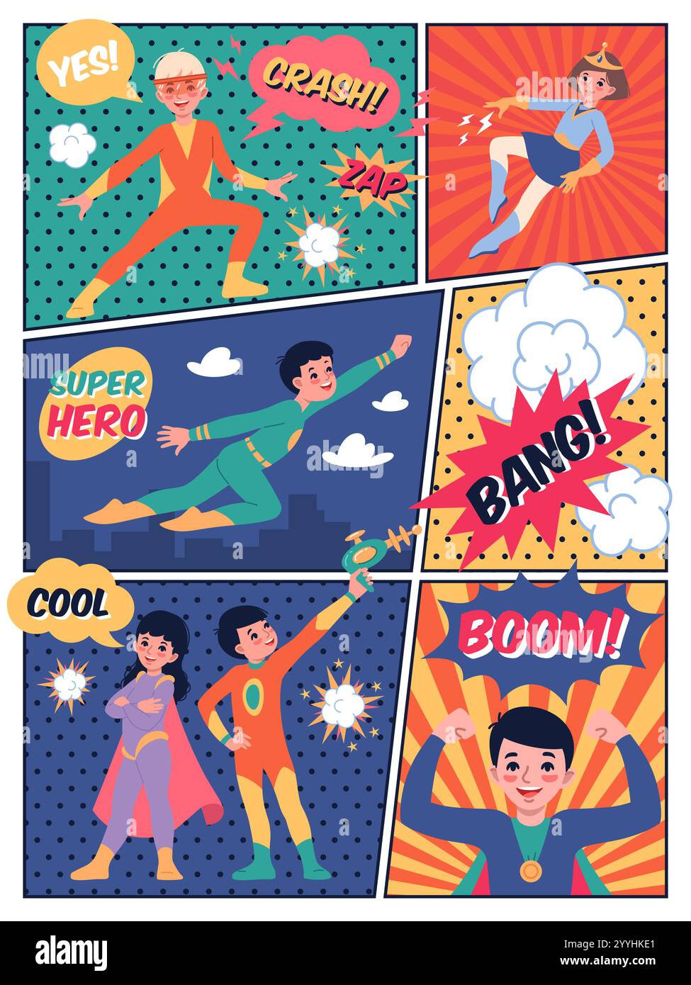 Comics about superhero kids. Flying children, splitting page into ...