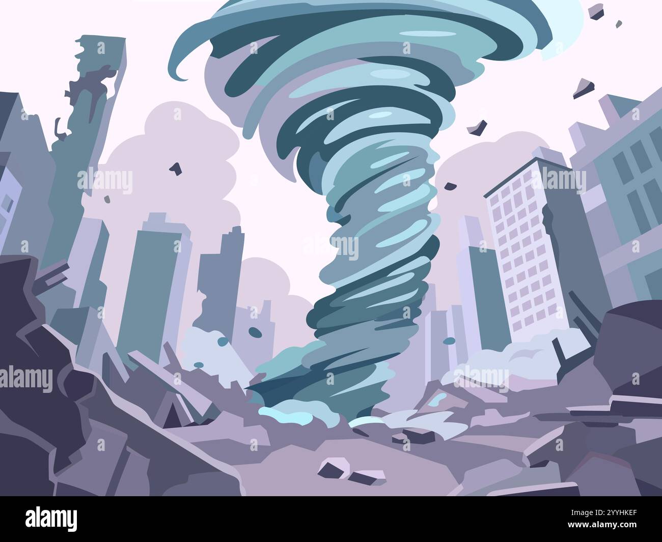Cartoon tornado in city. Destroyed buildings and skyscrapers, hurricane ...