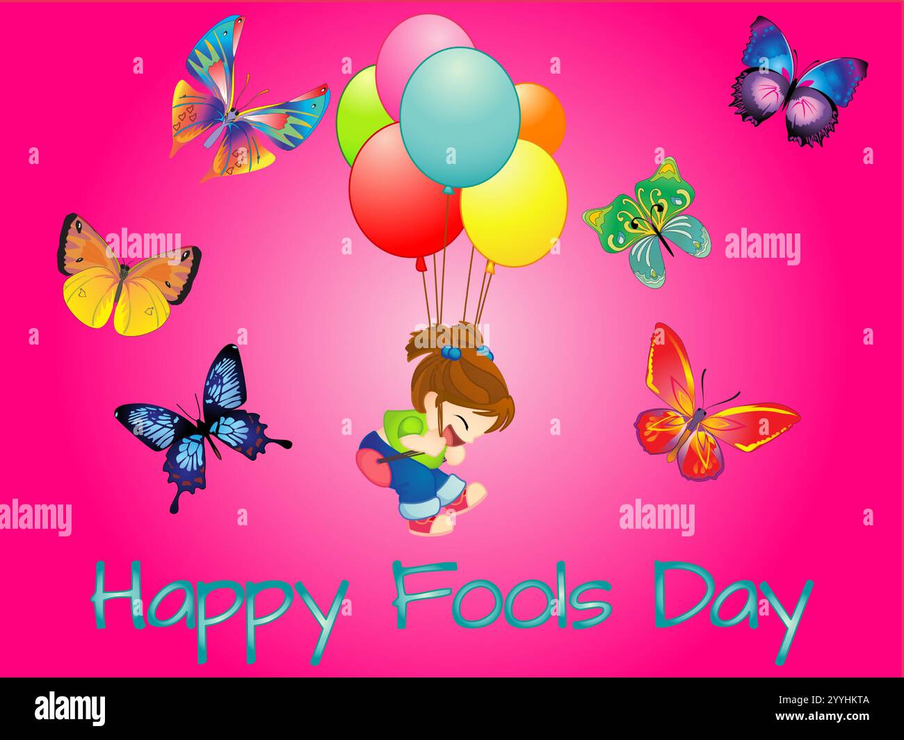 Girl is flying a bunch of balloons with butterflies on a pink ...