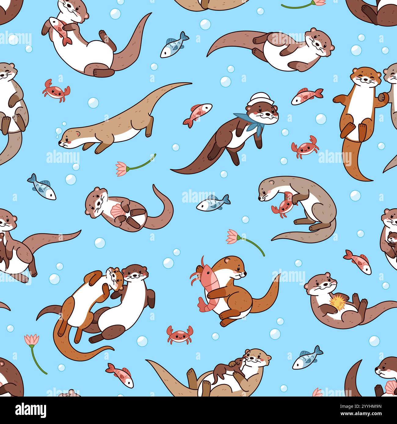 Cute sea otters seamless pattern. Repeated water wild mammals, funny ...