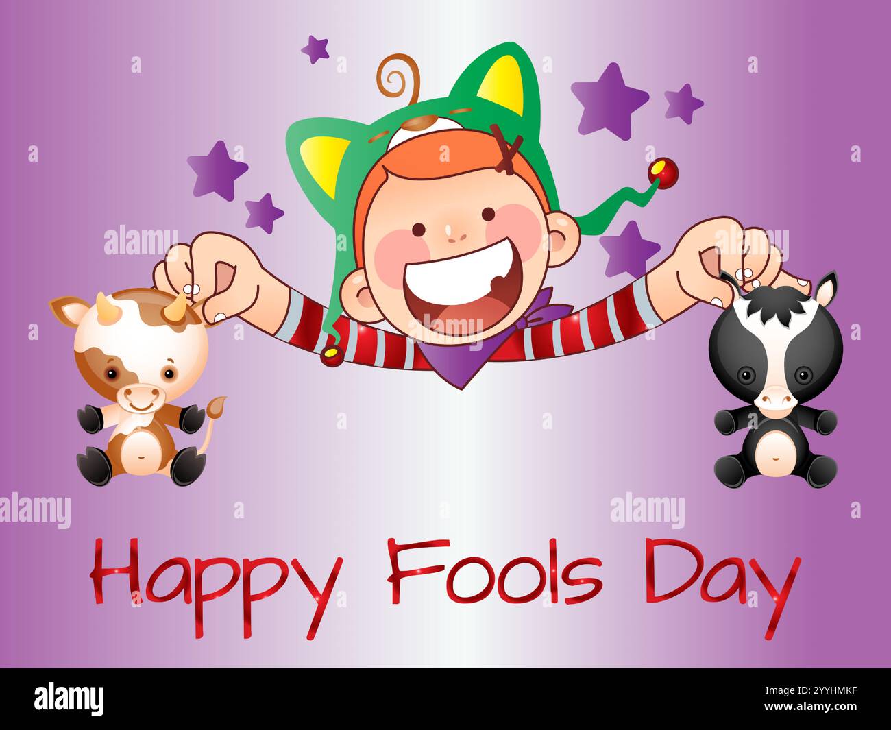 Cartoon of a boy holding two stuffed animals, one of which is a cow ...