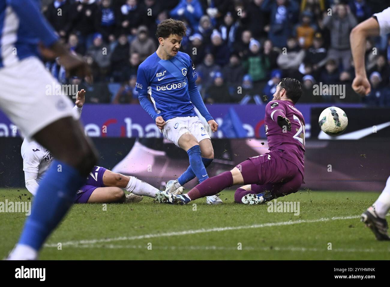 Genk, Belgium. 22nd Dec, 2024. Genk's Konstantinos Karetsas scoring the ...