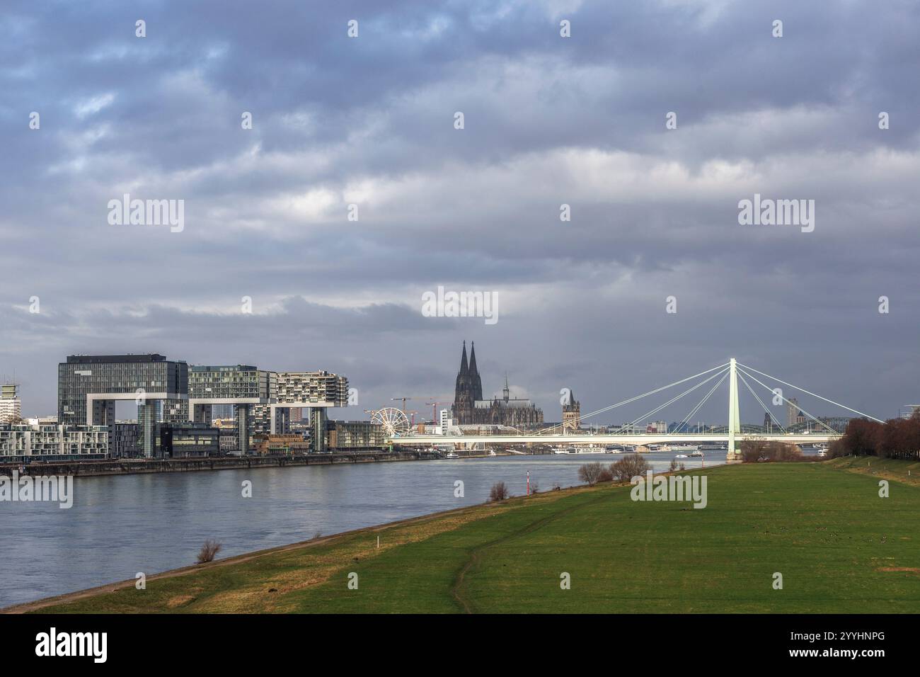 the river Rhine promenade in the Rheinau harbor, the cathedral ...