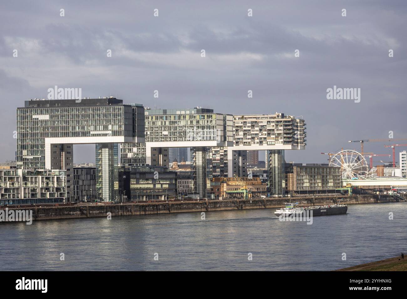 view over the Rhine to the Kranhaeuser (Crane Houses) in the Rheinau ...