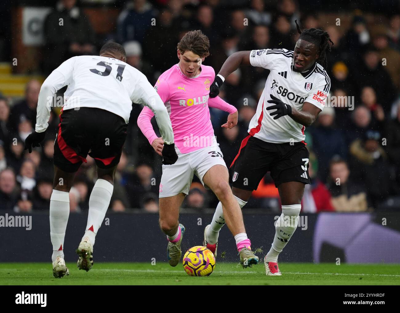 Southampton's Tyler Dibling in action against Fulham’s Issa Diop (left ...