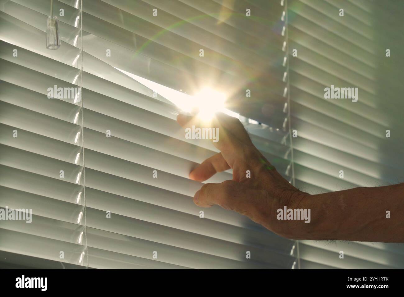 When a man's hand opens the window blinds, a bright blinding ray of ...