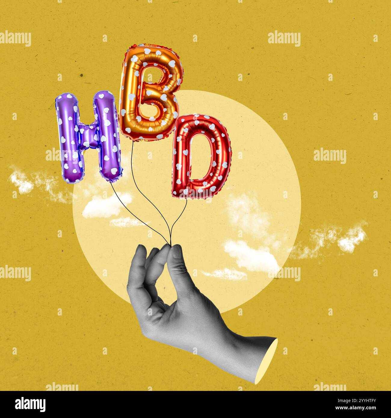A human hand holding a balloon with the text of HBD means Happy ...