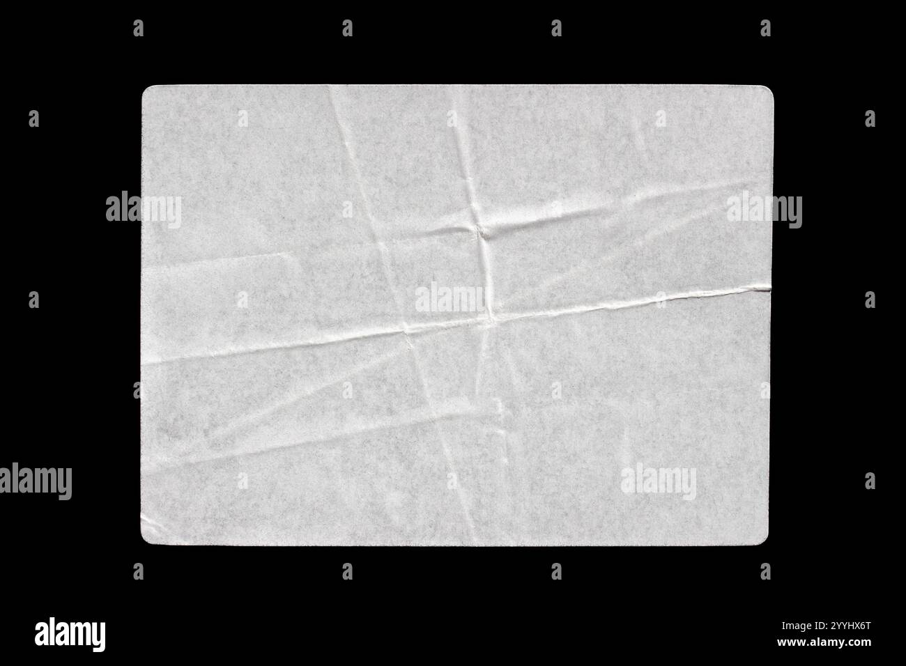 White adhesive glued creased paper sticker label isolated on black ...