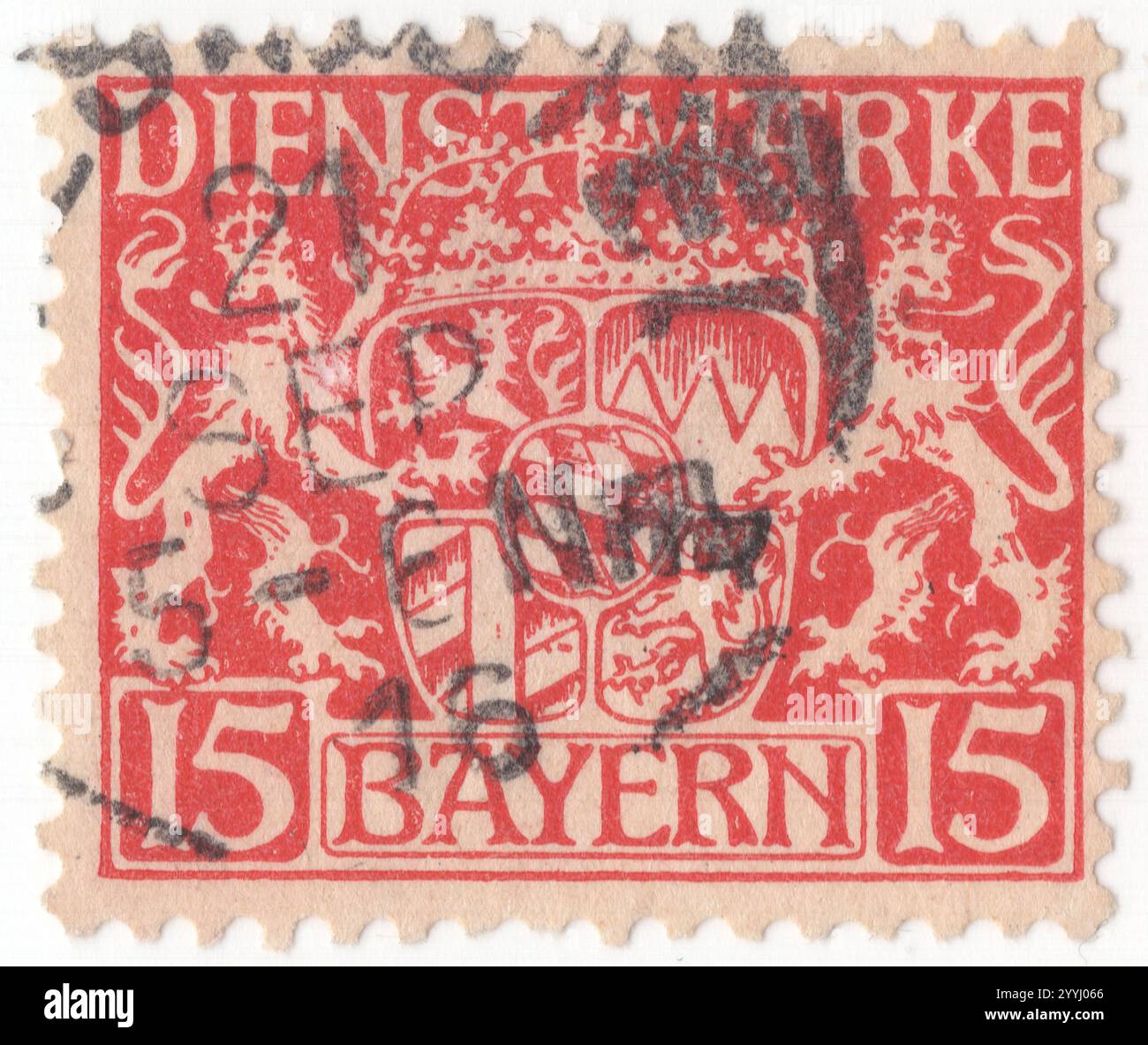 BAVARIA — 1916 August 01: 15 pfennig red on buff Official stamp ...