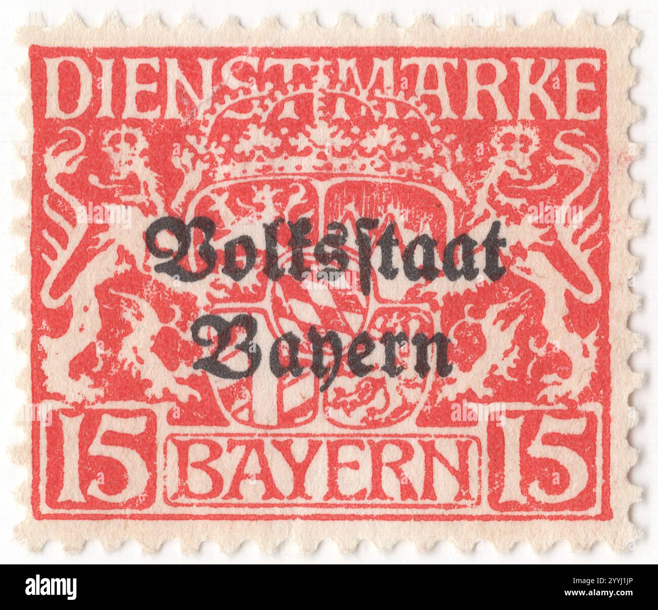 BAVARIA — 1919 March 01: 15 pfennig red Official stamp depicting Bayern ...