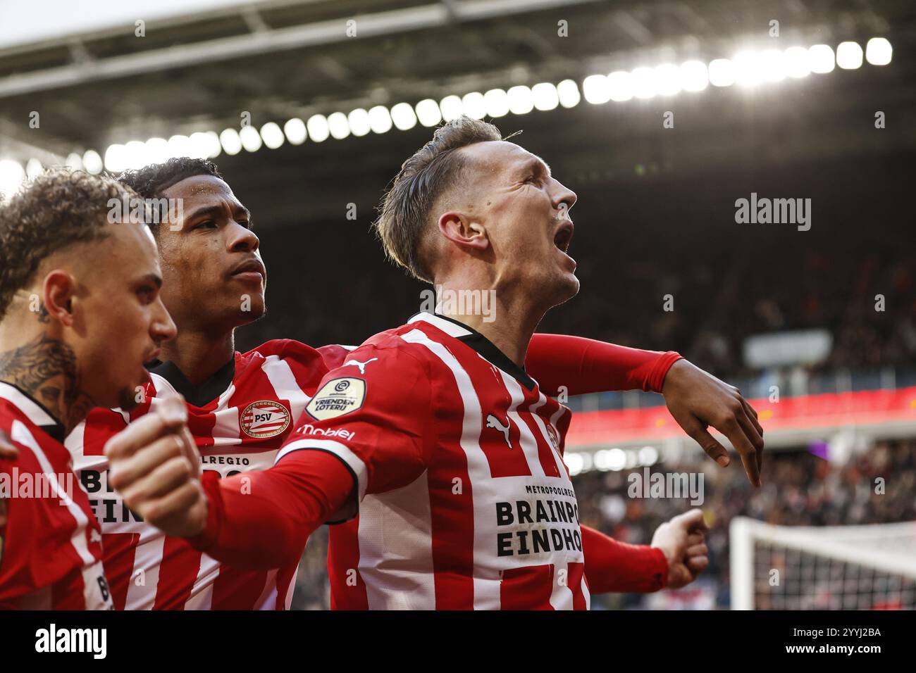 EINDHOVEN - (l-r) Noa Lang of PSV Eindhoven, Ryan Flamingo of PSV Eindhoven, Luuk de Jong of PSV ...