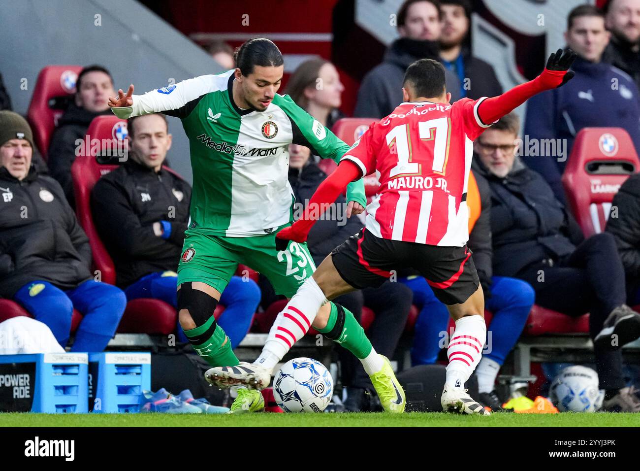 Eindhoven, The Netherlands. 22nd Dec, 2024. Eindhoven - Anis Hadj Moussa of Feyenoord, Mauro ...