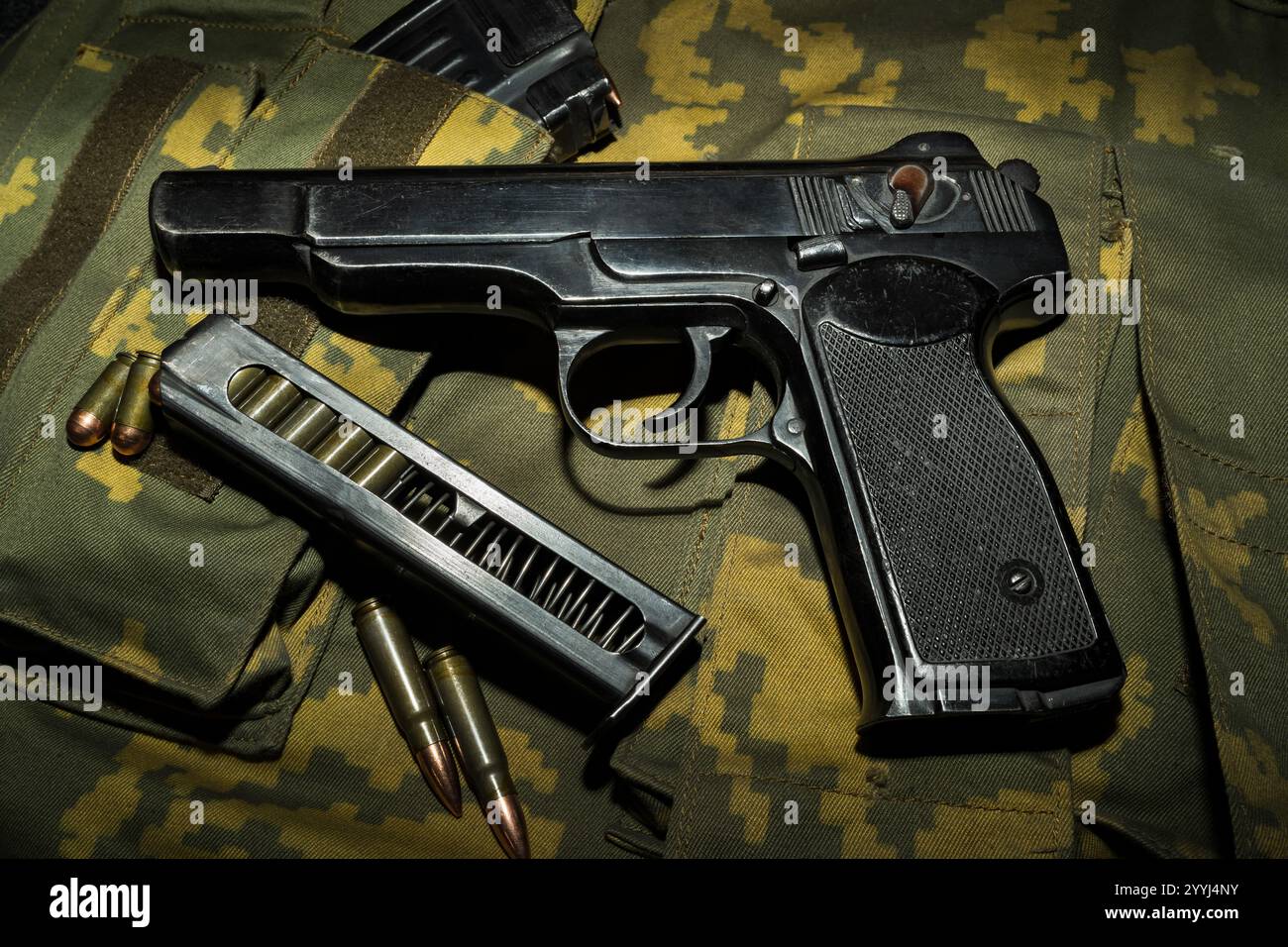 Soviet automatic 9mm pistol and cartridges with magazine. Russian ...