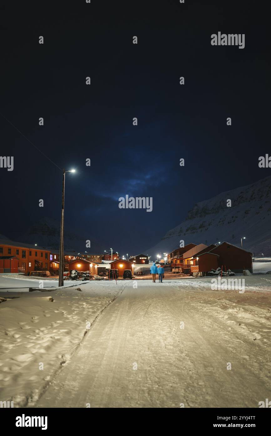 Residential area in Longyearbyen, Svalbard in the arctic polar night ...
