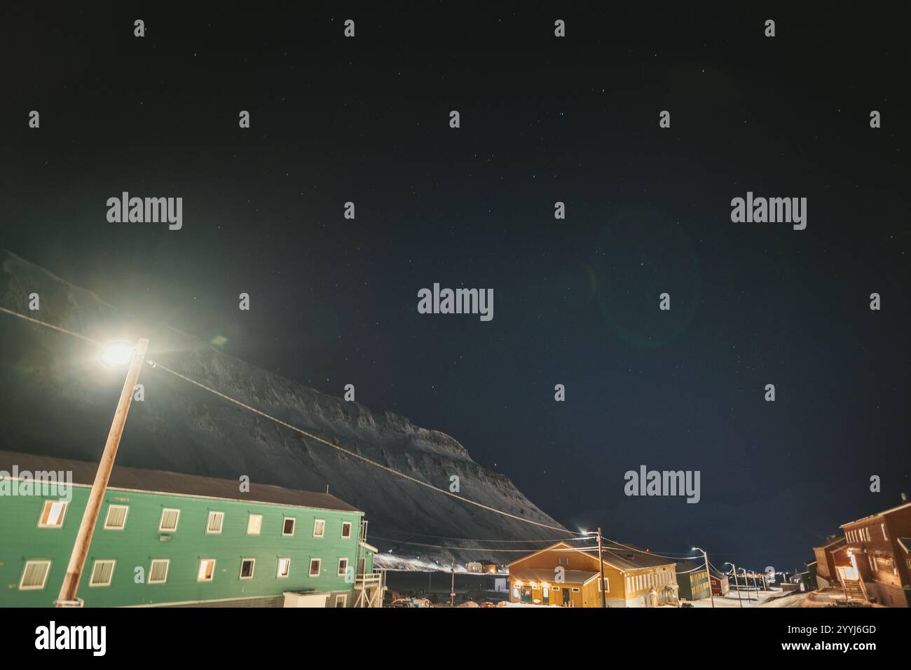 Starry night sky over Longyearbyen, Svalbard in the arctic polar night ...