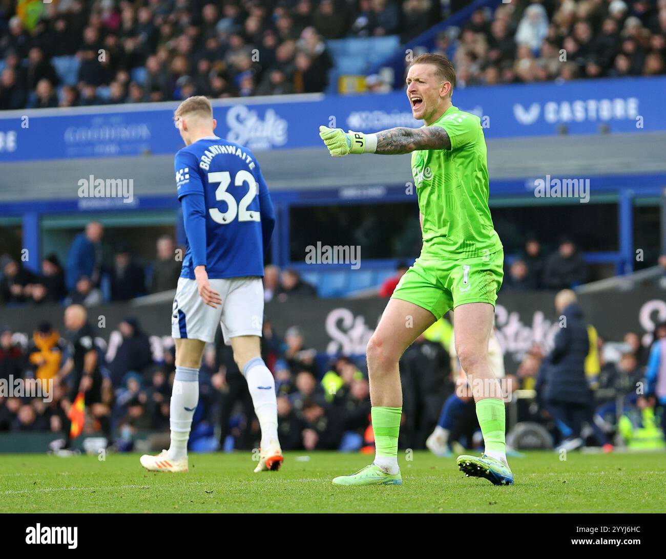 Liverpool, UK. 22nd Dec, 2024. Jordan Pickford of Everton gets booked ...