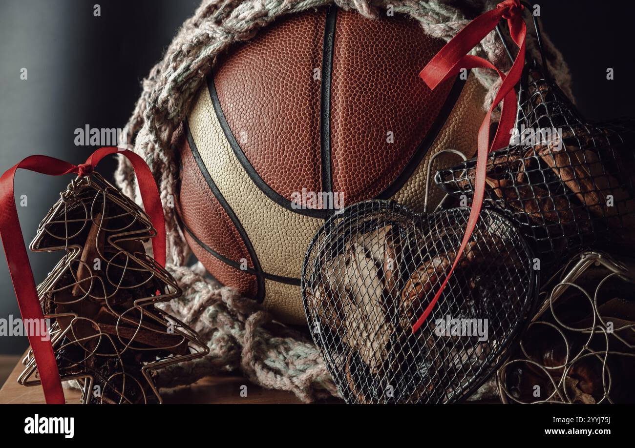 Basketball ball inside of mesh net string decoration with Christmas ...