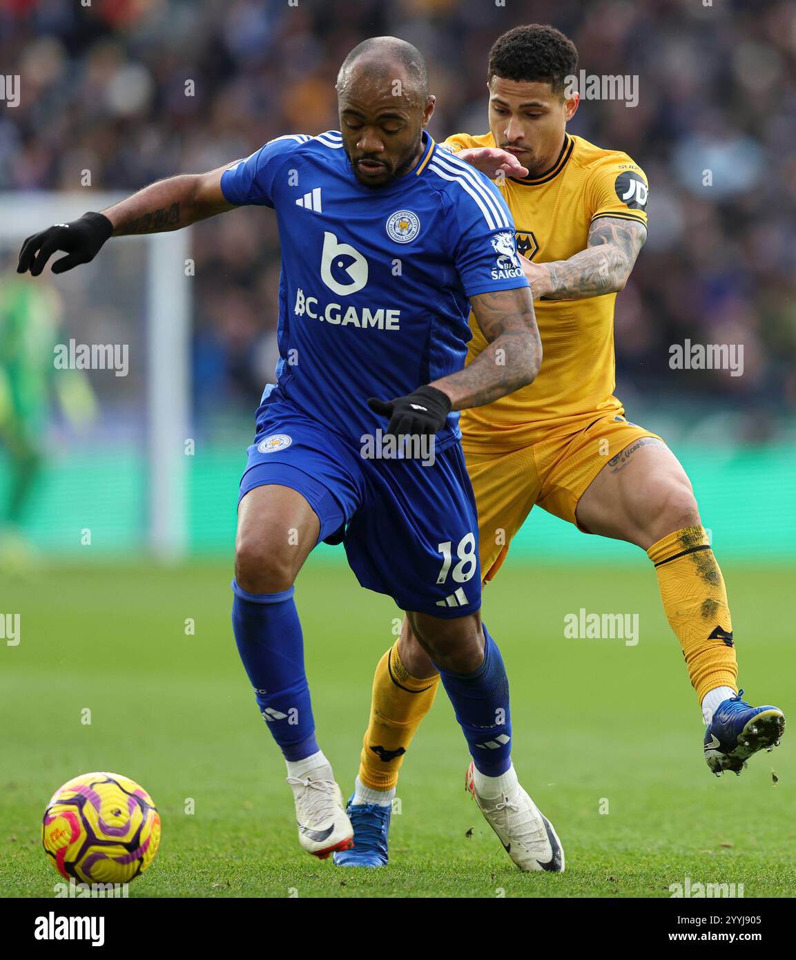 Wolverhampton, UK. 22nd Dec, 2024. Jordan Ayew of Leicester City ...