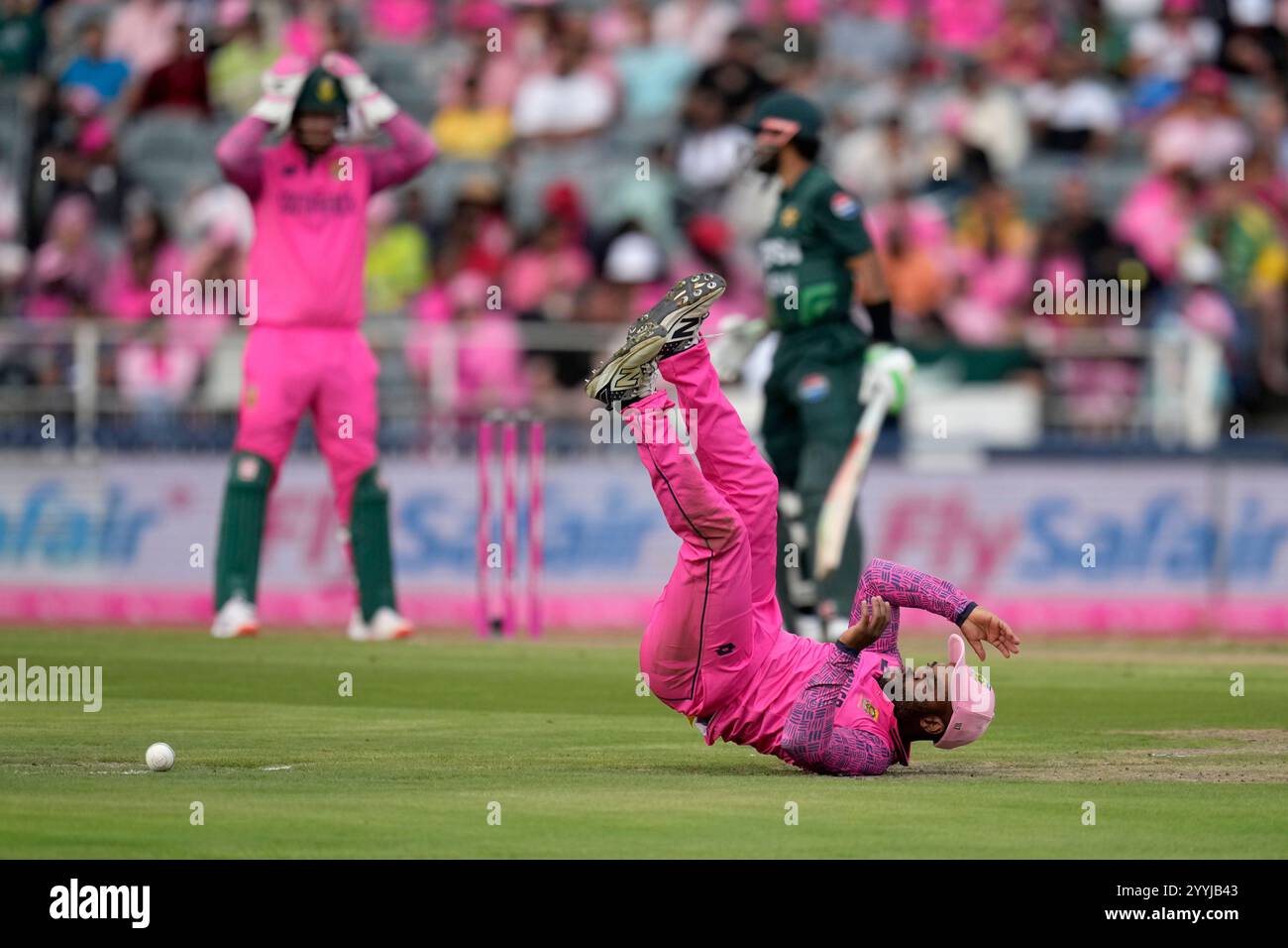 South Africa's Temba Bavuma falls to the ground after attempting a ...
