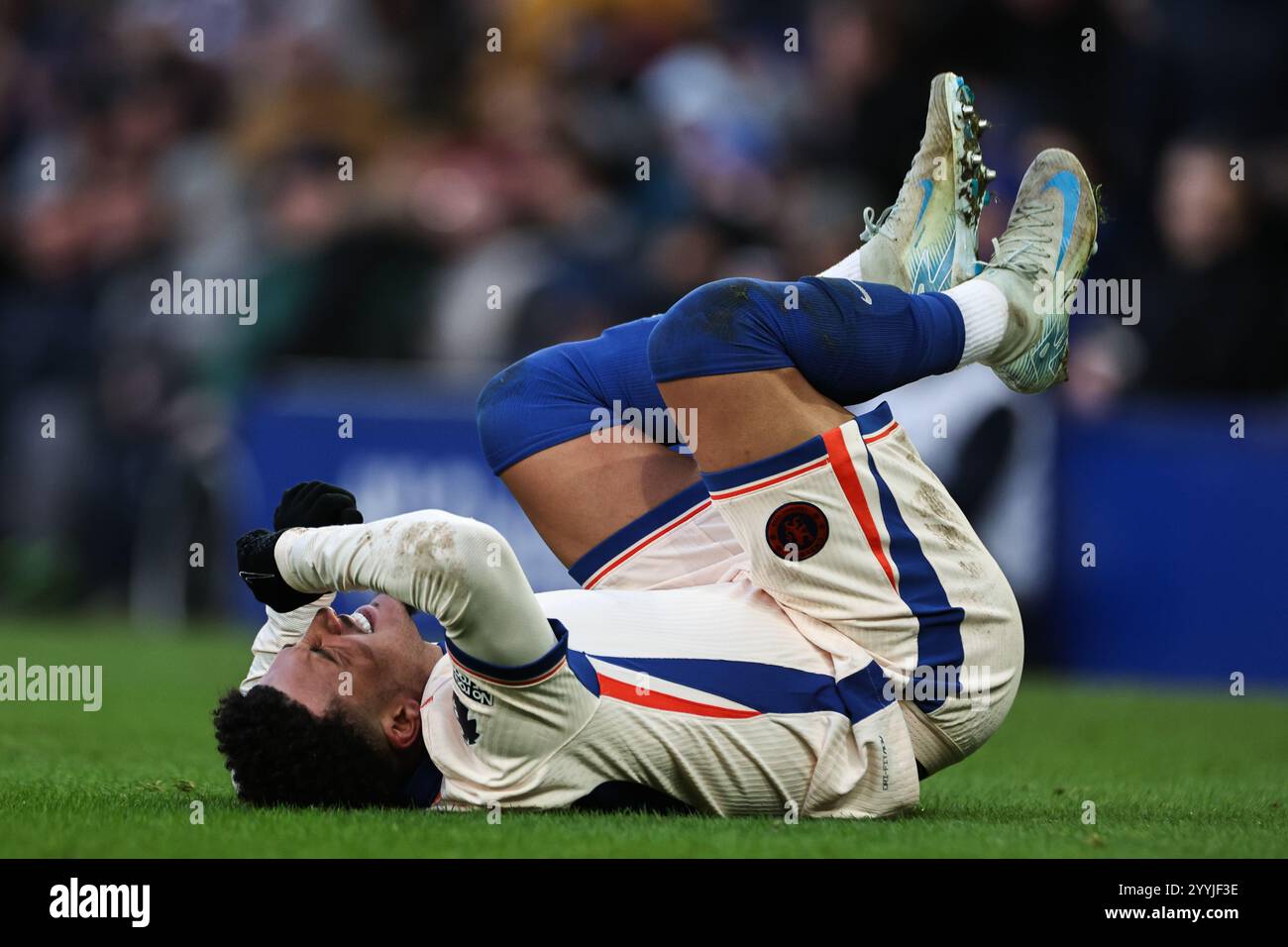 Jadon Sancho of Chelsea goes down injured during the Premier League ...
