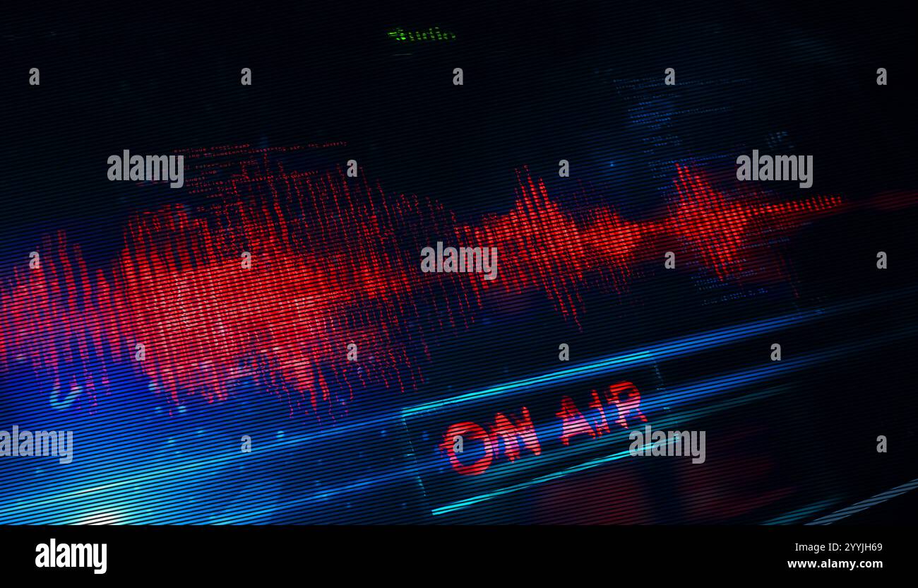 On air studio live record with audio spectrum symbol technology concept. Abstract sign on glitch ...