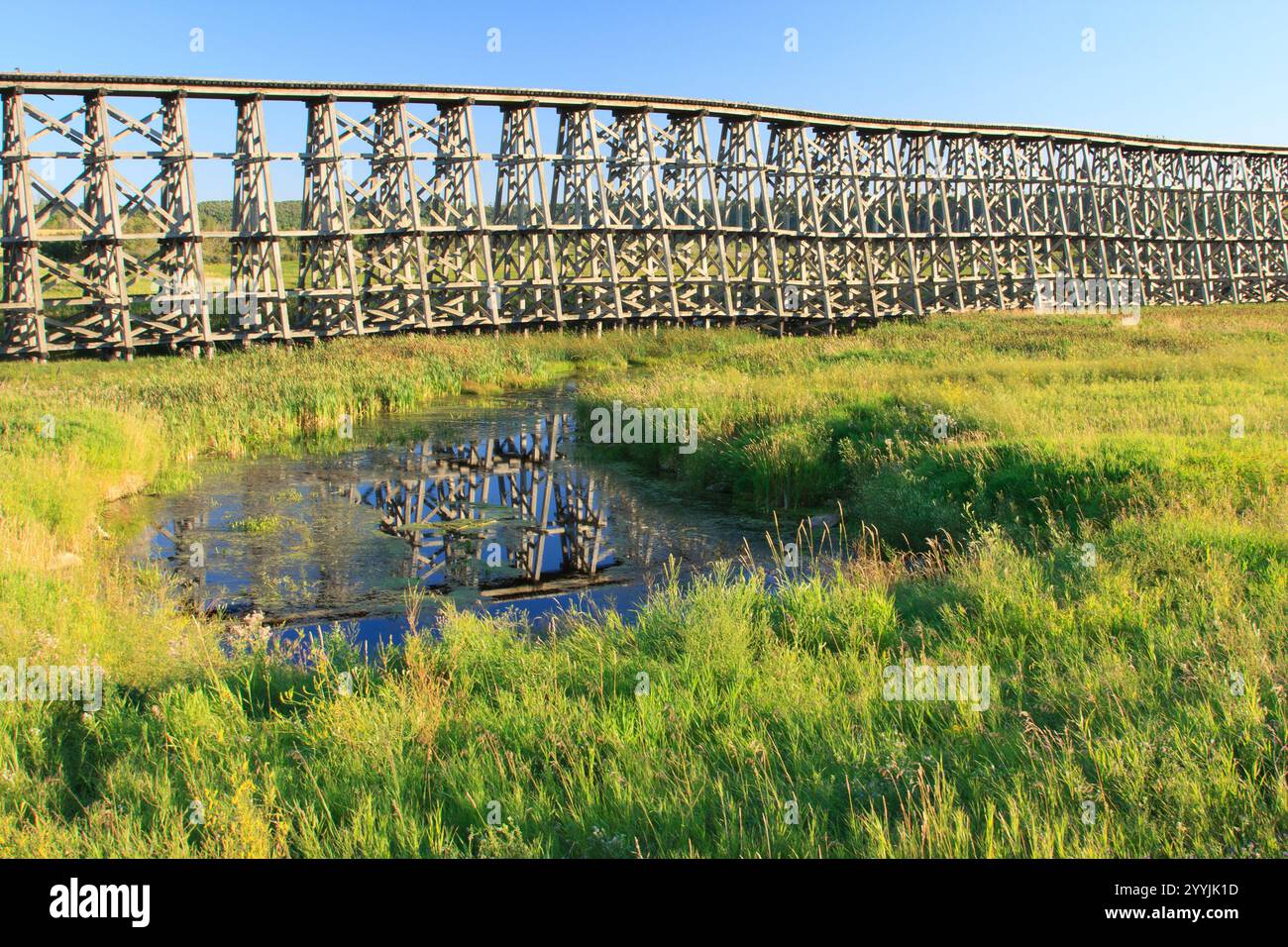 A wooden bridge spans a river, with a grassy field on either side. The ...