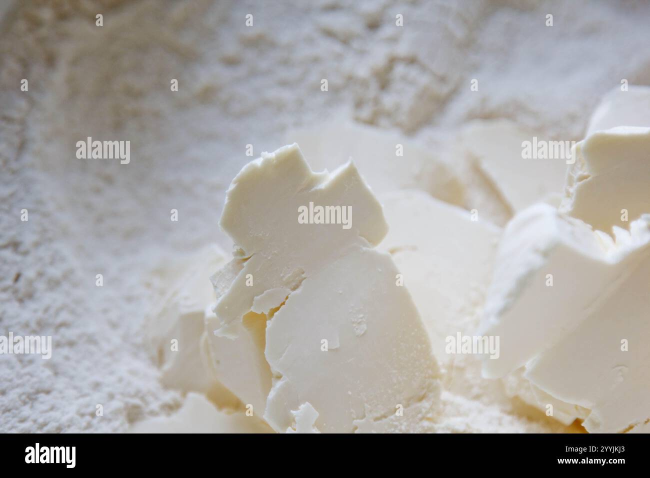 Combine the butter and baking flour in a large metal bowl. Close up ...