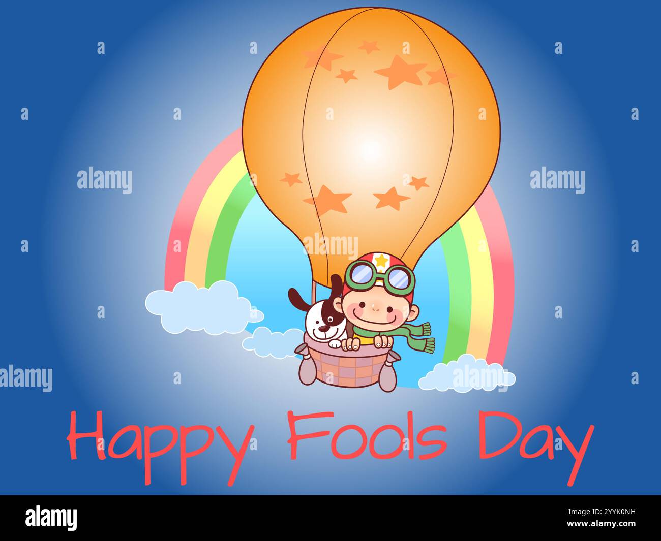 Cartoon of a monkey flying in a hot air balloon with a dog. The balloon ...