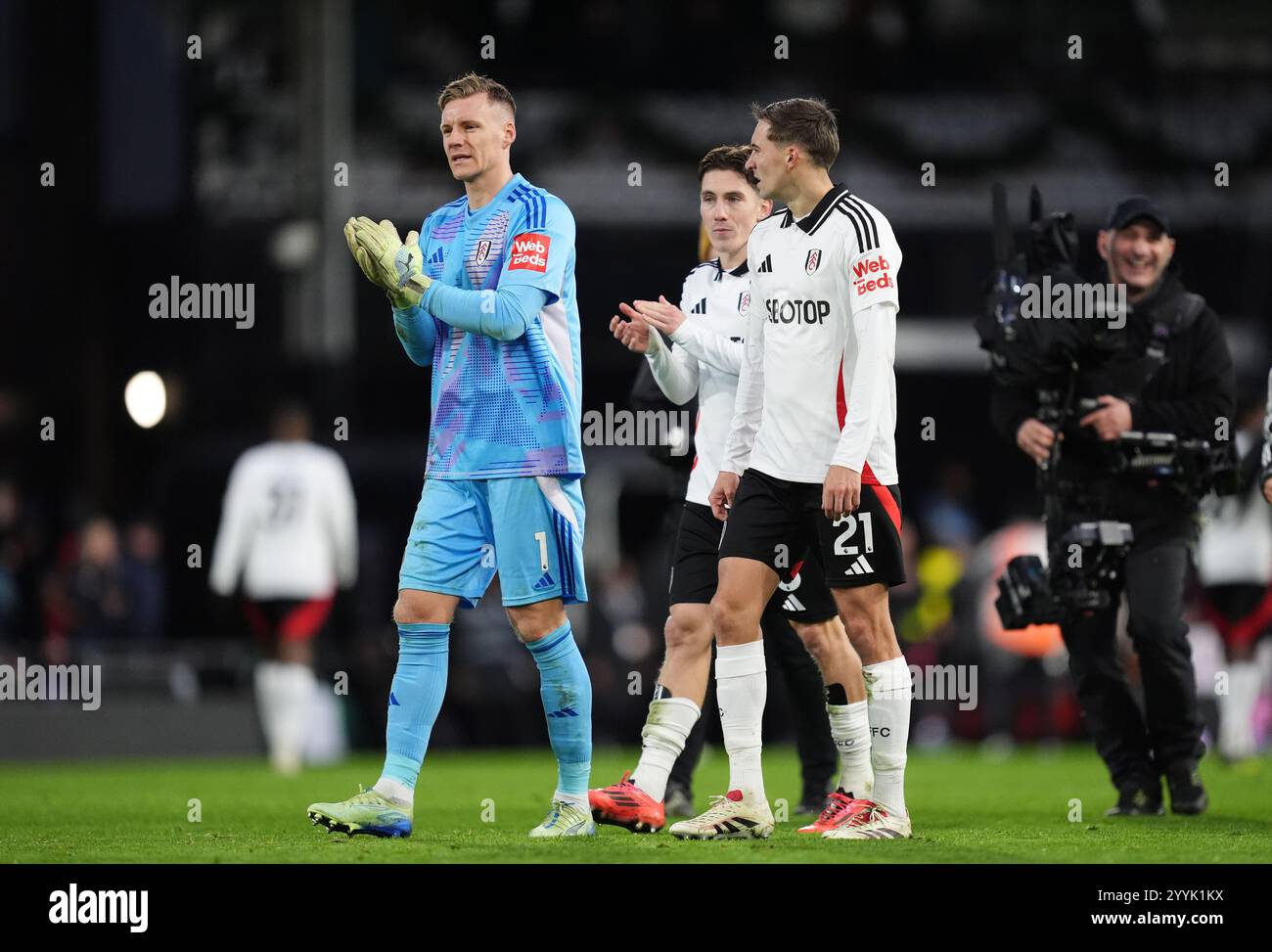 Fulham’s Timothy Castagne (right) and Fulham goalkeeper Bernd Leno ...