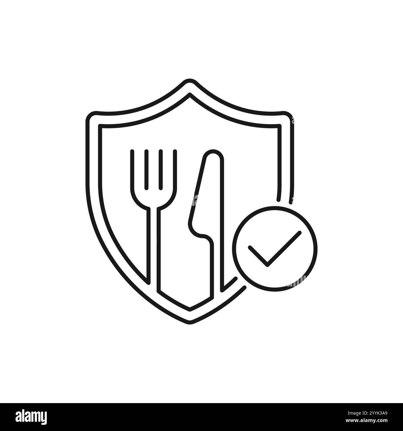 food safety icon, shield with fork and knife, ecological pure product ...
