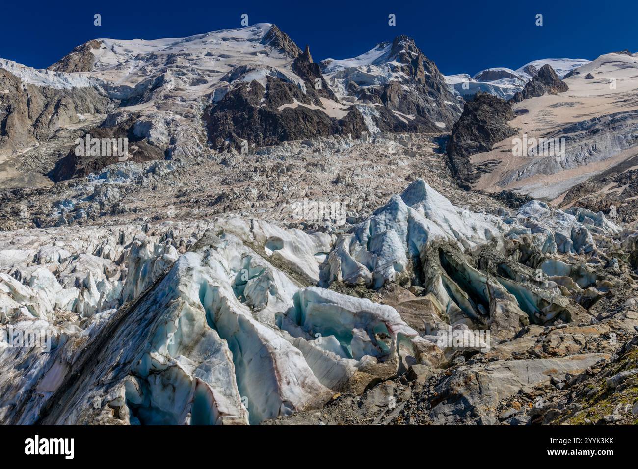 Glacier le Bossons in the French Alps, Chamonix valley, Montblanc. The glacier crevasse and huge ...