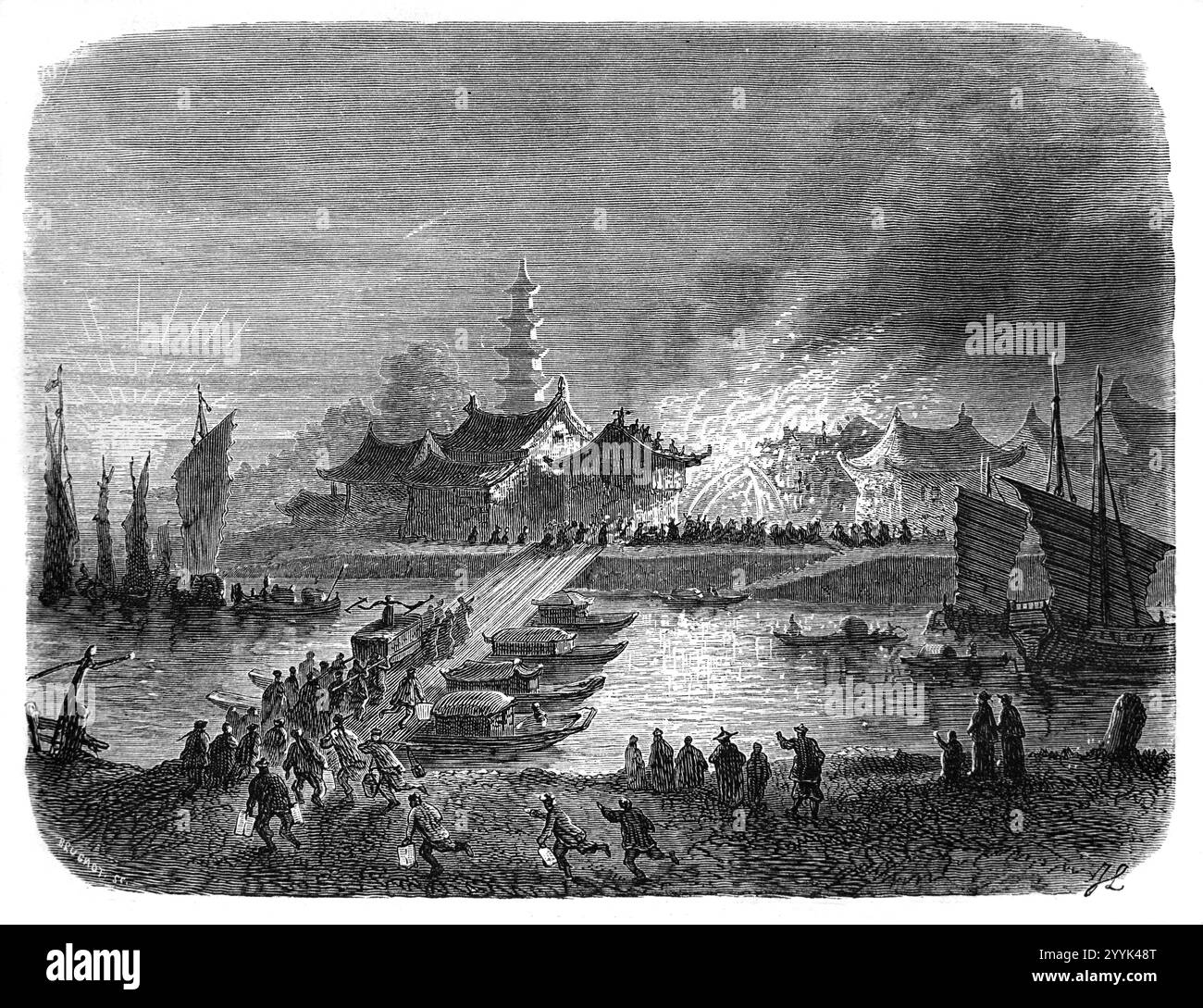 Fire Fighters or Firemen and Fire Destroying Wooden Chinese Temple ...