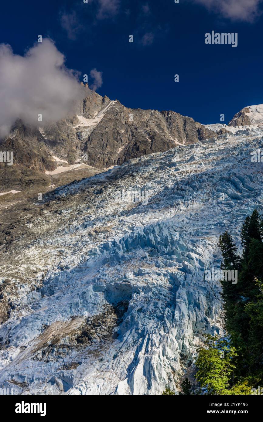 Glacier le Bossons in the French Alps, Chamonix valley, Montblanc. The glacier crevasse and huge ...