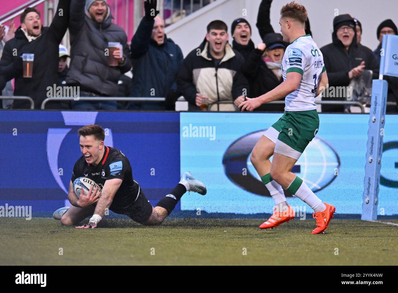 Fergus Burke of Saracens scores a try early in the first half during ...