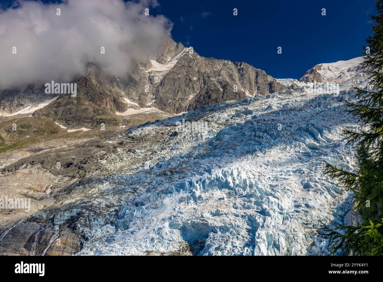 Glacier le Bossons in the French Alps, Chamonix valley, Montblanc. The glacier crevasse and huge ...