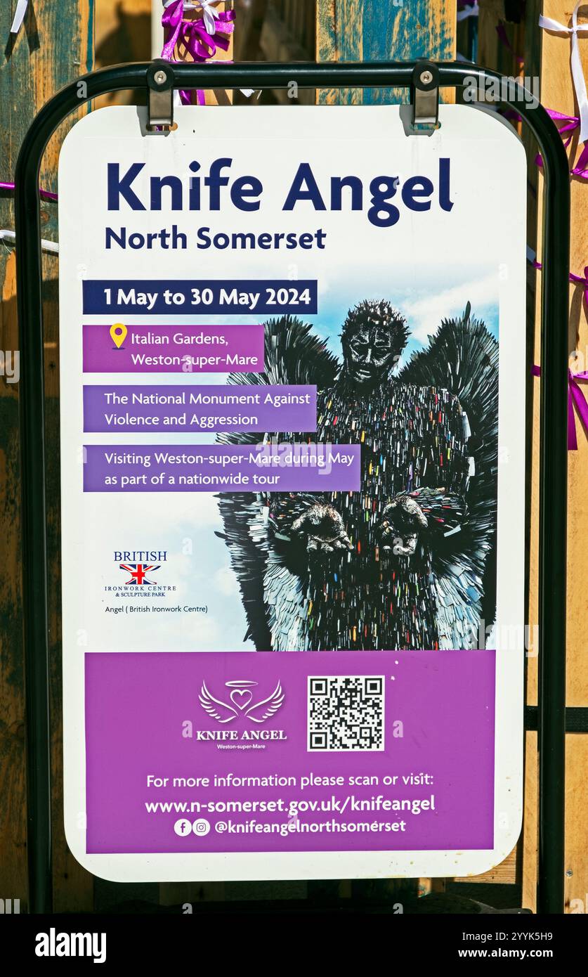 A sign giving details of the Knife Angel's visit to Weston-super-Mare ...
