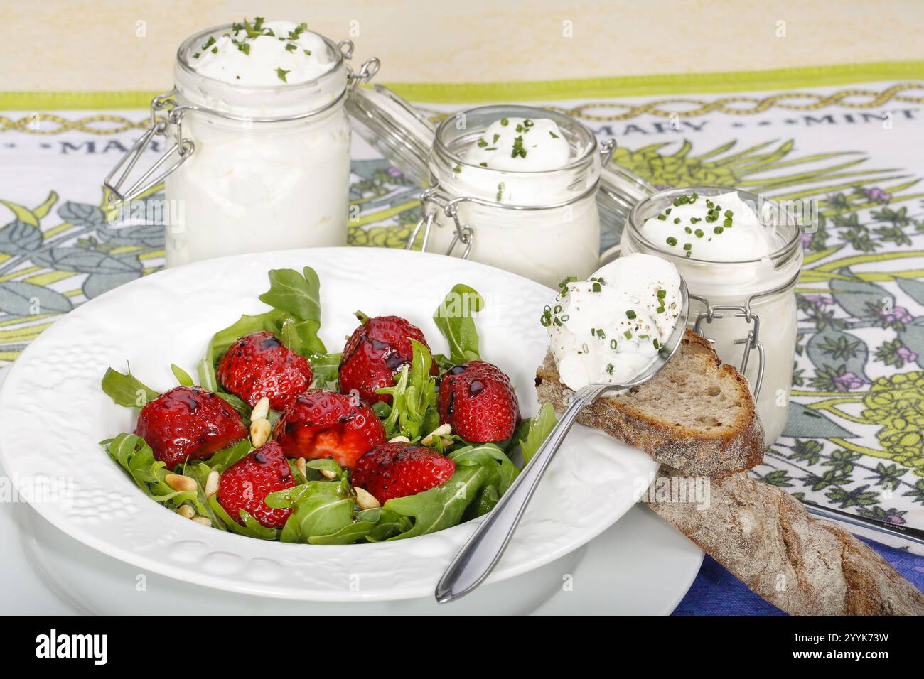 Swabian cuisine, Luggeles cheese in a jar, salad rocket with ...