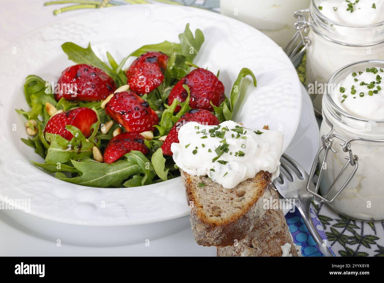 Swabian cuisine, Luggeles cheese in a jar, salad rocket with ...