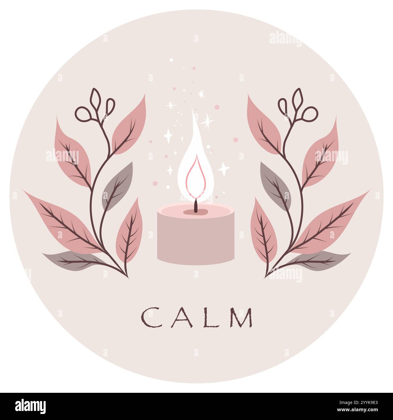 Lit Candle with flame in a beige holder. Pink and brown Leaves ...