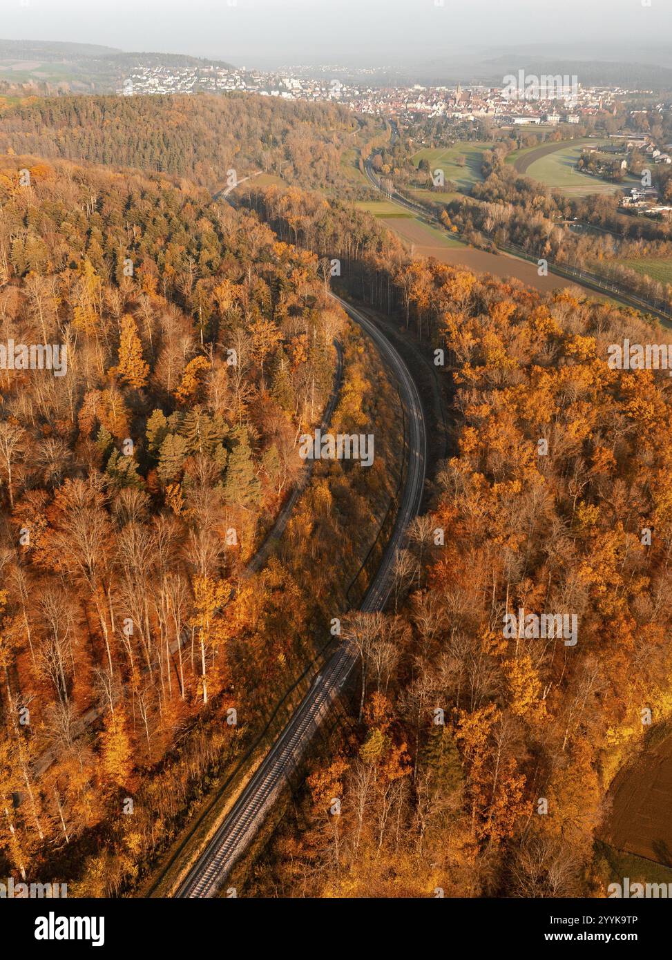 Aerial view of a forest in autumn with tracks and a town visible on the ...